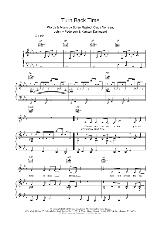 Turn Back Time" Sheet Music by Aqua for Piano/Vocal/Chords - Sheet ...
