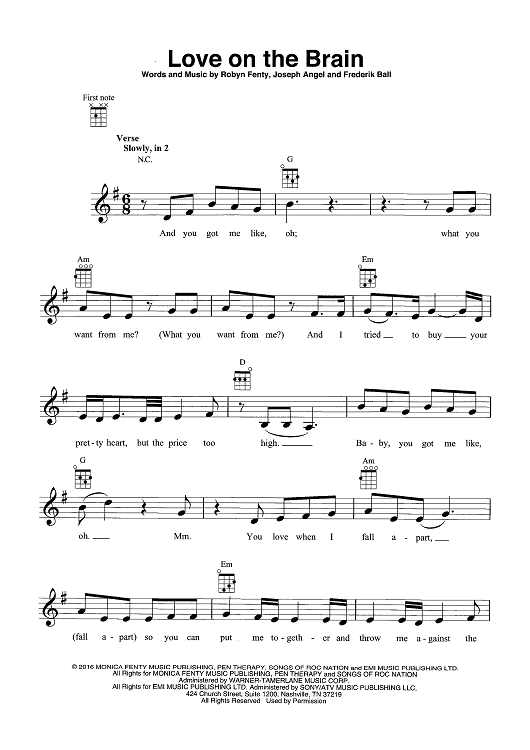 Love on the Brain" Sheet Music by Rihanna for Ukulele/Vocal - Sheet ...