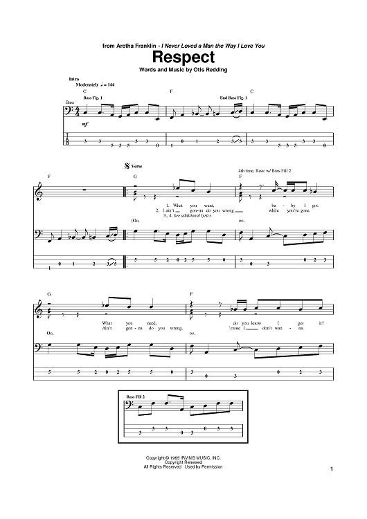 Respect" Sheet Music by Otis Redding; Aretha Franklin for Bass Tab ...