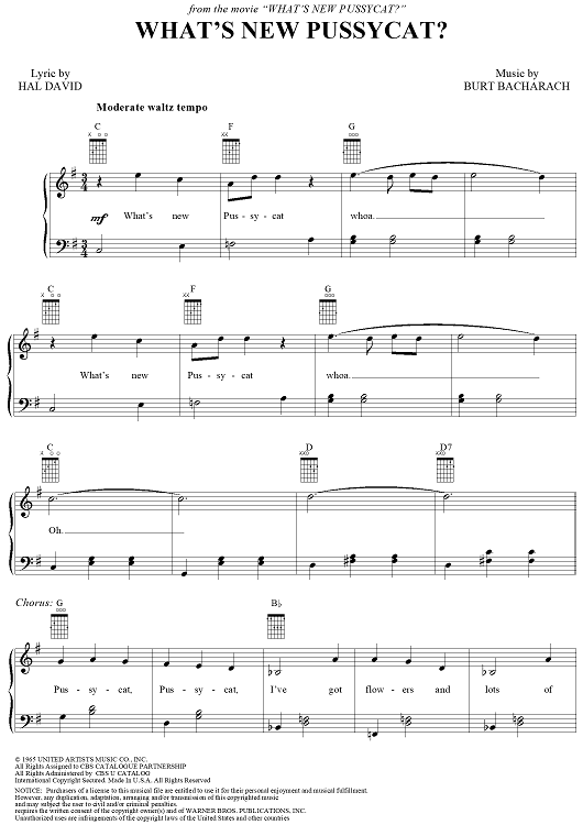 What's New Pussycat?" Sheet Music by Tom Jones for Piano/Vocal/Chords ...