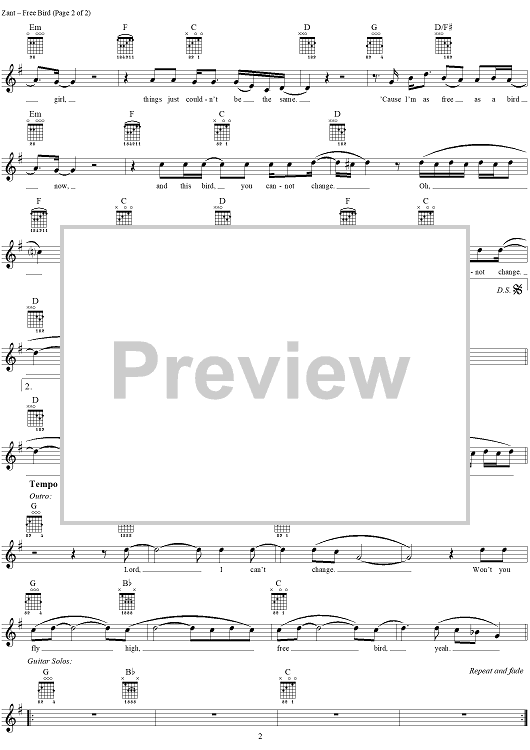 Free Bird" Sheet Music by Lynyrd Skynyrd for Easy Guitar Tab/Vocal ...