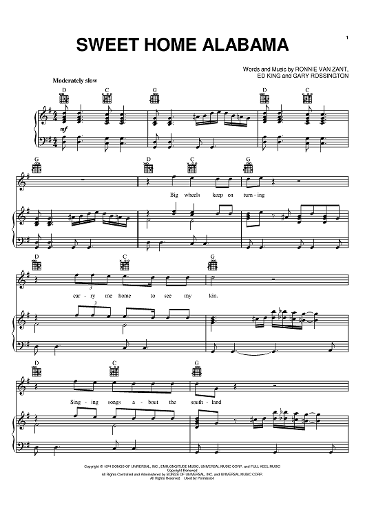 Sweet Home Alabama" Sheet Music by Lynyrd Skynyrd; Alabama for Piano/Vocal/Chords - Sheet Music Now