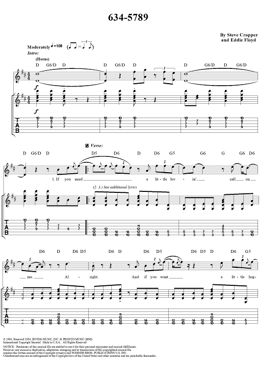 634-5789" Sheet Music by Wilson Pickett for Guitar Tab/Vocal - Sheet Music Now