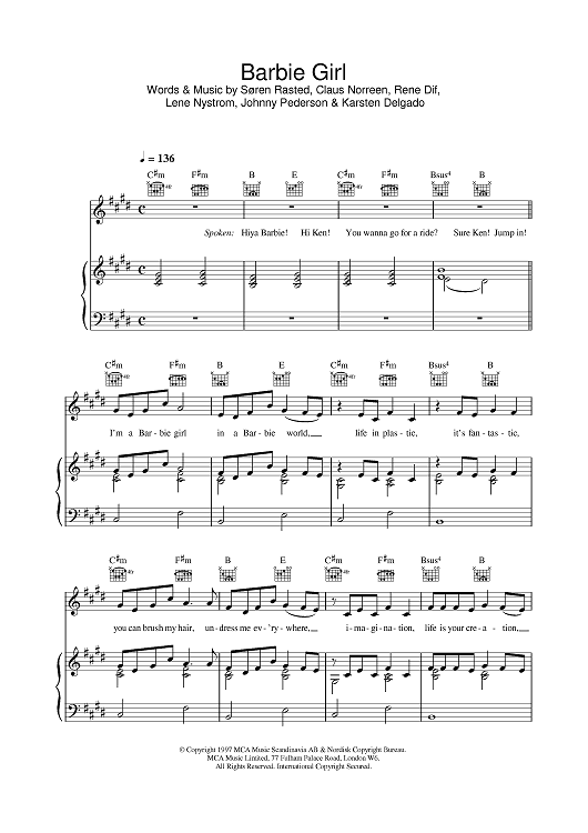 Barbie Girl" Sheet Music by Aqua for Piano/Vocal/Chords - Sheet Music Now