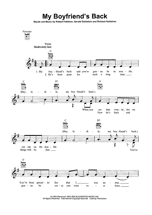 My Boyfriend's Back" Sheet Music by The Angels for Ukulele/Vocal ...