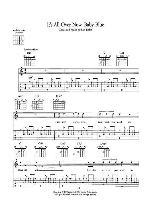 It's All Over Now, Baby Blue" Sheet Music by Bob Dylan for Guitar Tab ...