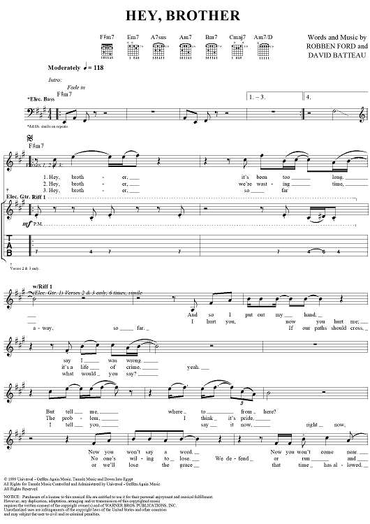 Hey, Brother" Sheet Music by Robben Ford for Guitar Tab/Vocal - Sheet ...