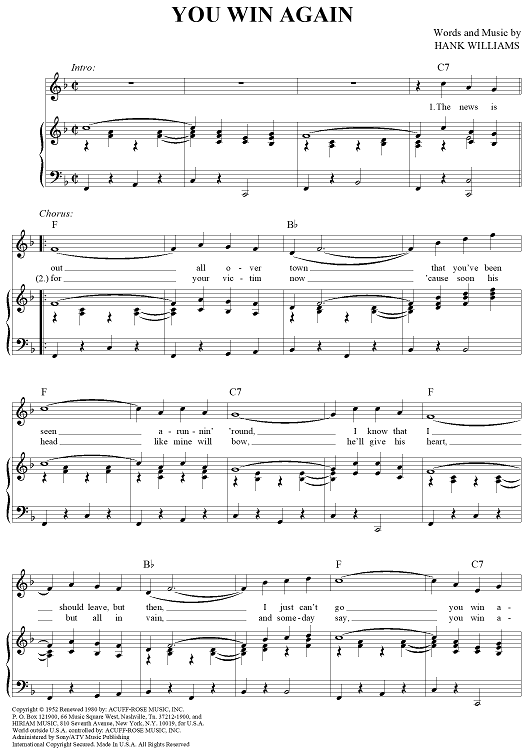 You Win Again" Sheet Music by Hank Williams; Jerry Lee Lewis for Piano ...