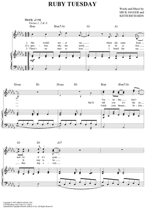 Ruby Tuesday" Sheet Music by The Rolling Stones for Piano/Vocal/Chords ...