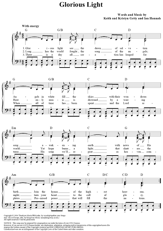 Glorious Light" Sheet Music for Piano/Vocal/Chords - Sheet Music Now