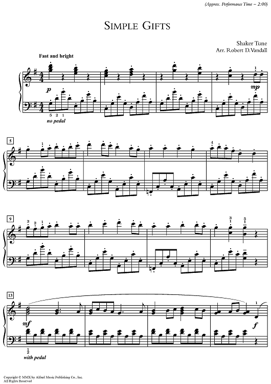 Simple Gifts" Sheet Music for Piano Solo - Sheet Music Now