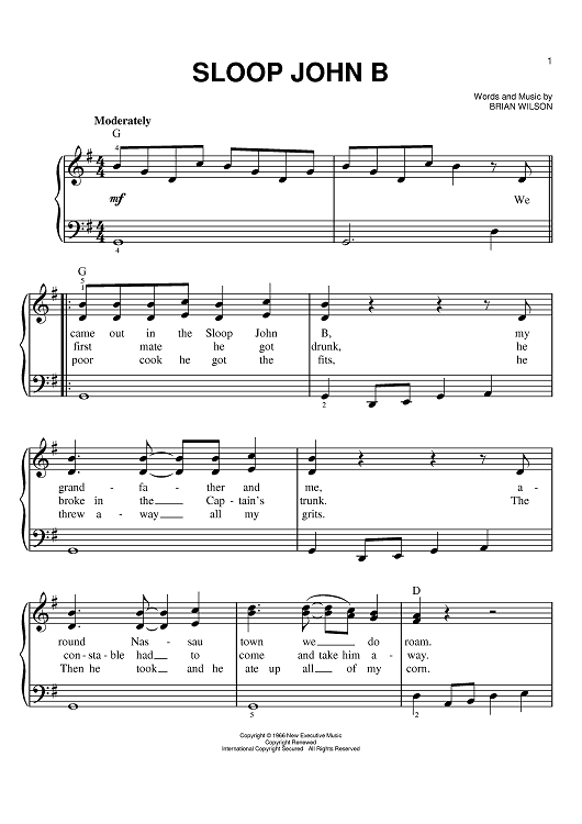 Sloop John B" Sheet Music by Brian Wilson; The Beach Boys for Easy Piano - Sheet Music Now