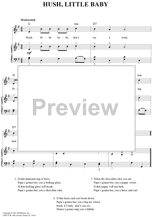 Hush, Little Baby" Sheet Music for Piano/Vocal/Chords - Sheet Music Now