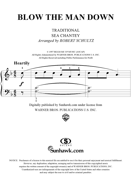Blow the Man Down" Sheet Music for Five Finger Piano - Sheet Music Now
