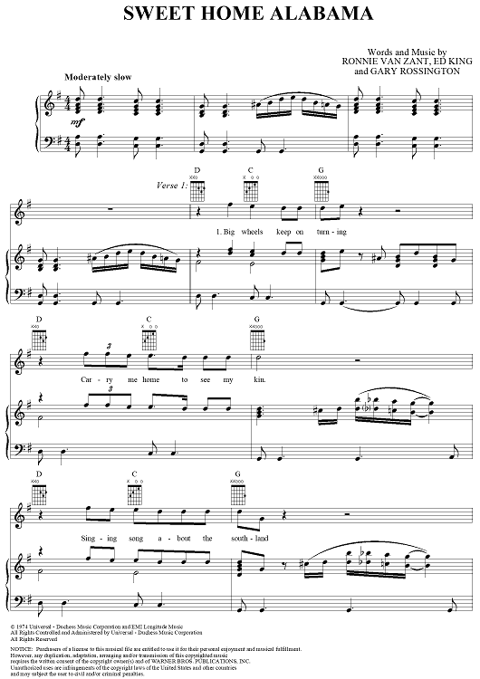 Sweet Home Alabama" Sheet Music by Lynyrd Skynyrd for Piano/Vocal ...