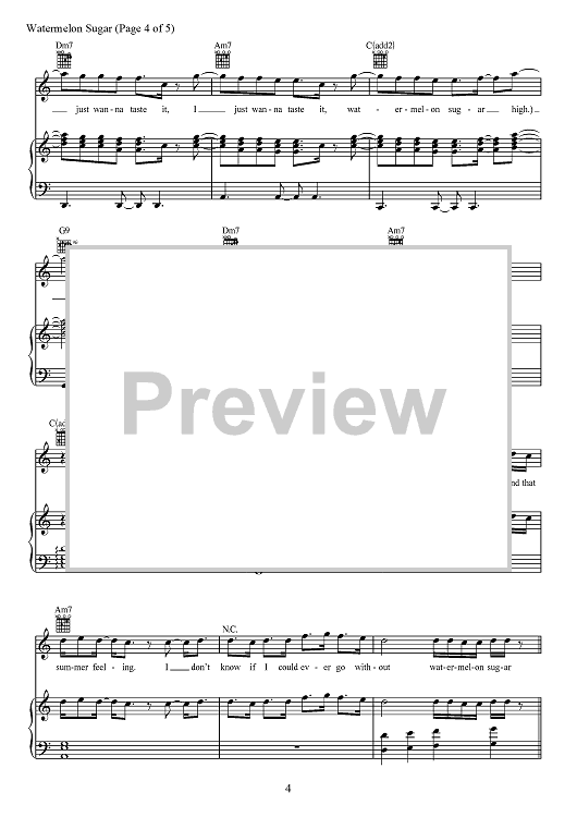 Watermelon Sugar" Sheet Music by Harry Styles for Piano/Vocal/Chords ...