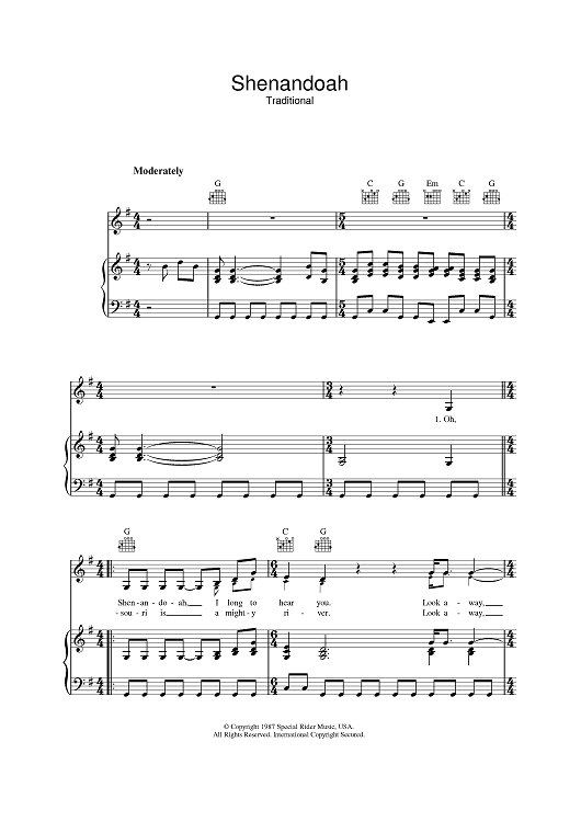 Shenandoah" Sheet Music by Bob Dylan for Piano/Vocal/Chords - Sheet Music Now