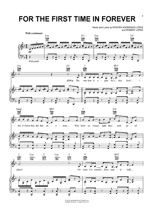 For The First Time Forever" Sheet Music for Piano/Vocal/Chords - Sheet ...