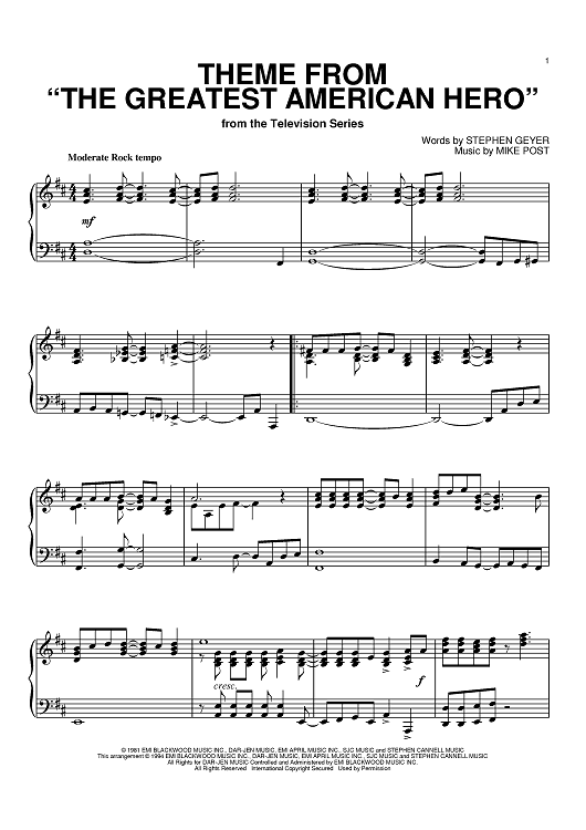 Theme From "The Greatest American Hero"" Sheet Music by Joey Scarbury ...