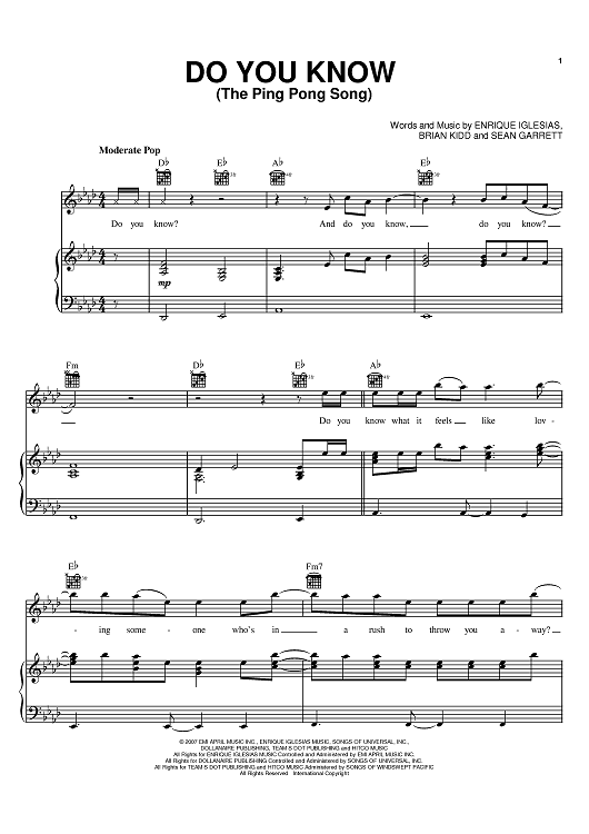 Do You Know? (The Ping Pong Song)" Sheet Music by Enrique Iglesias for ...