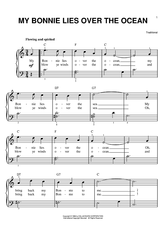 My Bonnie Lies Over The Ocean" Sheet Music for Easy Piano - Sheet Music Now