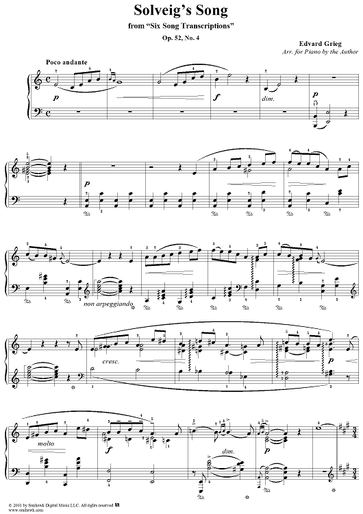 Solveig's Song, from Six Song Transcriptions, Op. 52, no. 4" Sheet Music for Piano Solo - Sheet ...