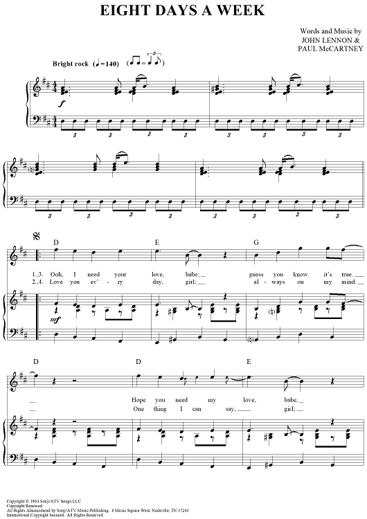 Eight Days A Week" Sheet Music by The Beatles for Piano/Vocal/Chords ...