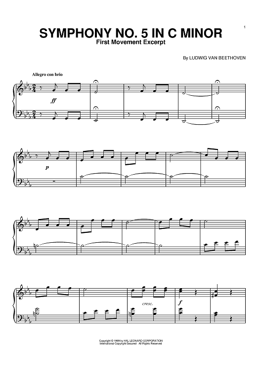 Symphony No. 5 in C Minor, First Movement Excerpt" Sheet Music by Ludwig van Beethoven for Piano ...