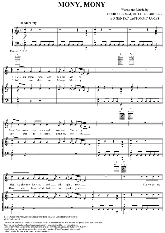 Mony, Mony" Sheet Music by Tommy James and the Shondells for Piano ...