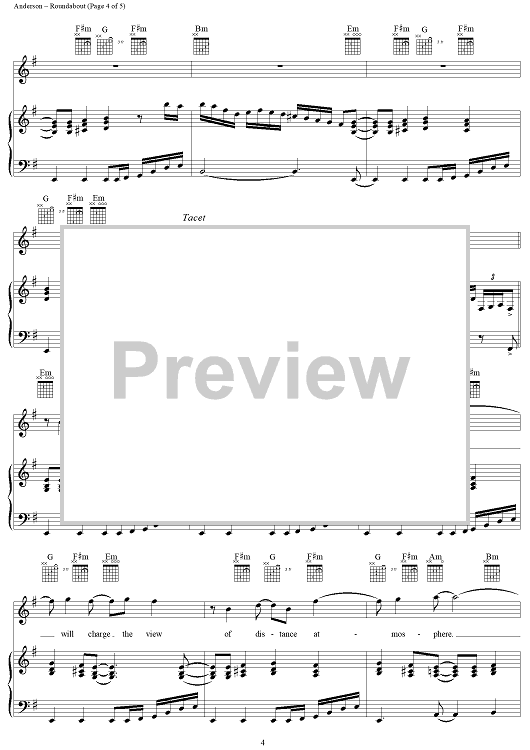 Roundabout" Sheet Music by Yes for Piano/Vocal/Chords - Sheet Music Now