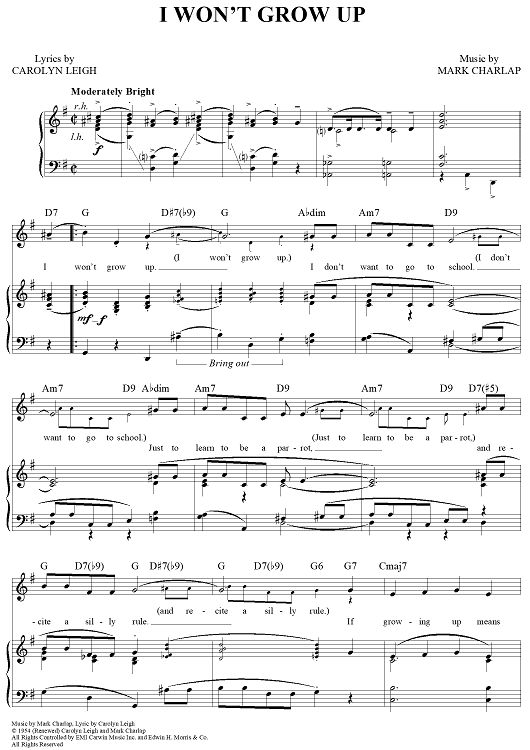 I Won't Grow Up" Sheet Music for Piano/Vocal/Chords - Sheet Music Now