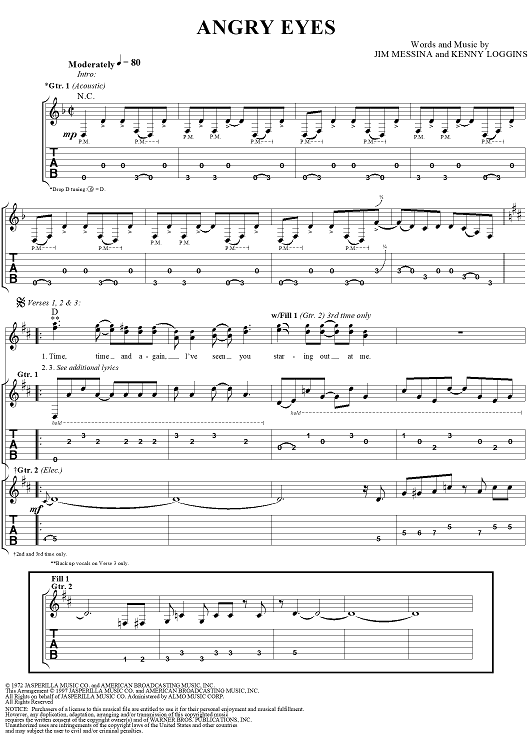 Angry Eyes" Sheet Music by Kenny Loggins; Jim Messina for Guitar Tab ...