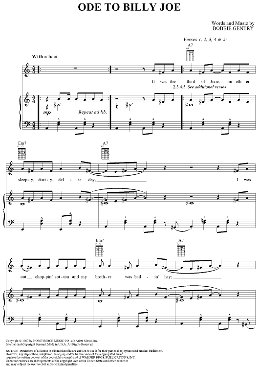 Ode To Billy Joe" Sheet Music by Bobbie Gentry for Piano/Vocal/Chords ...