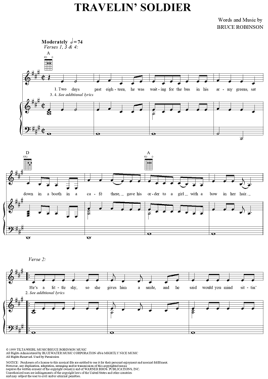 Travelin' Soldier" Sheet Music by The Chicks for Piano/Vocal/Chords ...