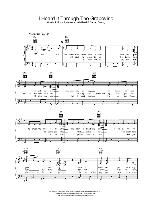 I Heard It Through The Grapevine" Sheet Music by Marvin Gaye; Gladys ...