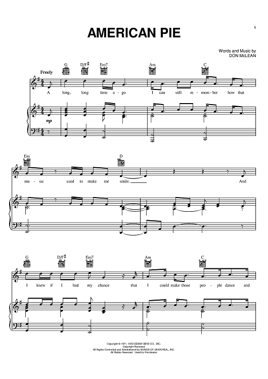 American Pie" Sheet Music by Don McLean for Piano/Vocal/Chords - Sheet ...