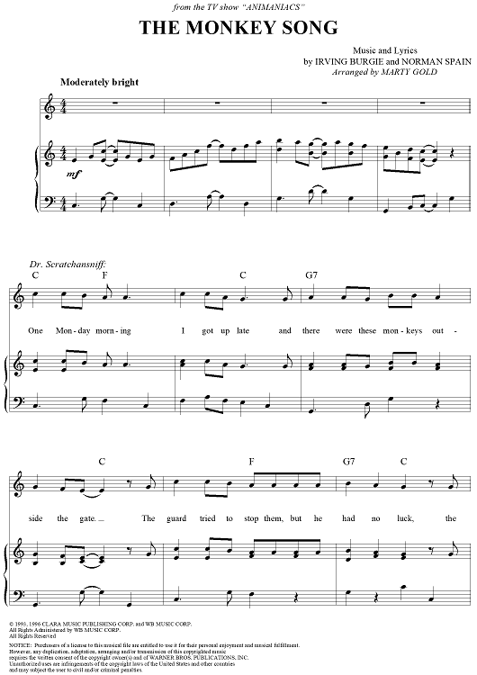 The Monkey Song (from "Animaniacs")" Sheet Music for Piano/Vocal/Chords ...