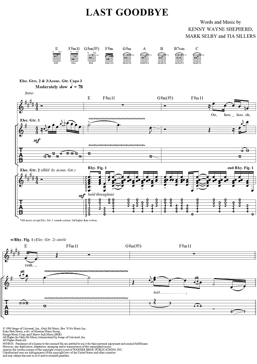 Last Goodbye" Sheet Music by Kenny Wayne Shepherd for Guitar Tab/Vocal ...