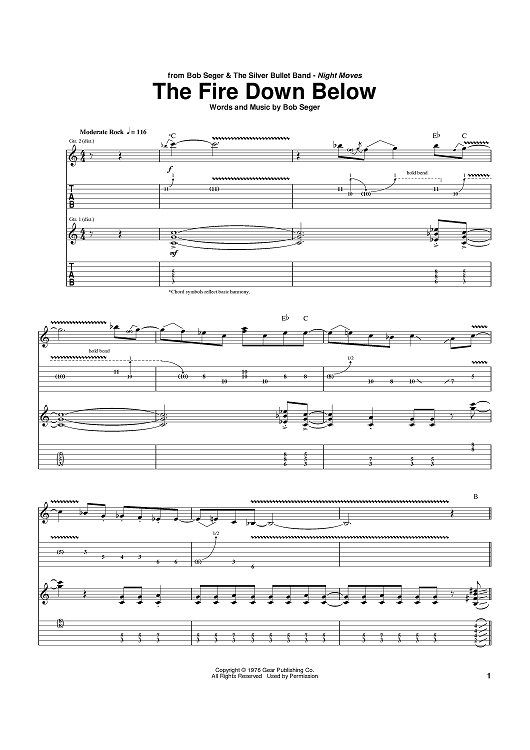 The Fire Down Below" Sheet Music by Bob Seger for Guitar Tab - Sheet ...