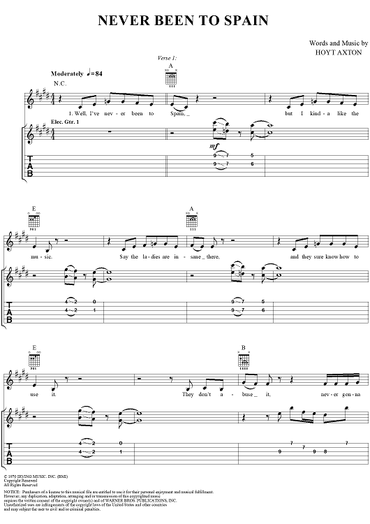 Never Been to Spain" Sheet Music by Three Dog Night for Easy Guitar Tab ...