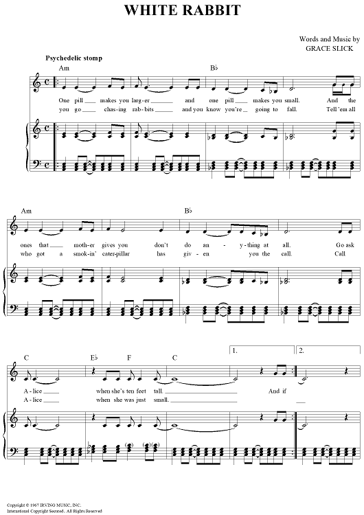 White Rabbit" Sheet Music by Jefferson Airplane for Piano/Vocal/Chords ...