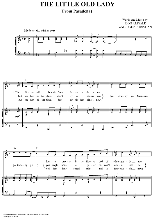 The Little Old Lady (From Pasadena)" Sheet Music by Jan and Dean for Piano/Vocal/Chords - Sheet ...