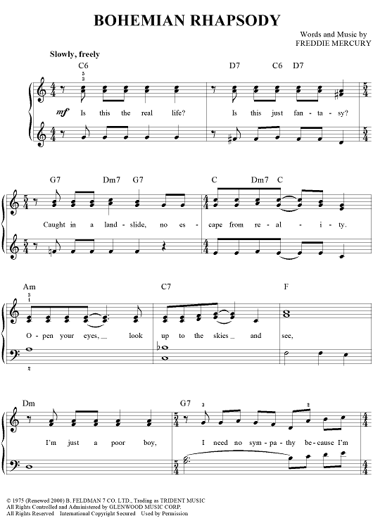 Bohemian Rhapsody" Sheet Music by Queen for Easy Piano/Vocal/Chords ...
