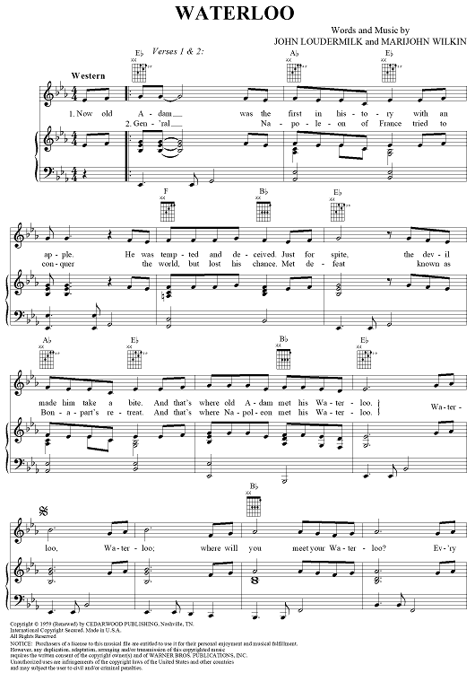 Waterloo" Sheet Music by Stonewall Jackson for Piano/Vocal/Chords ...