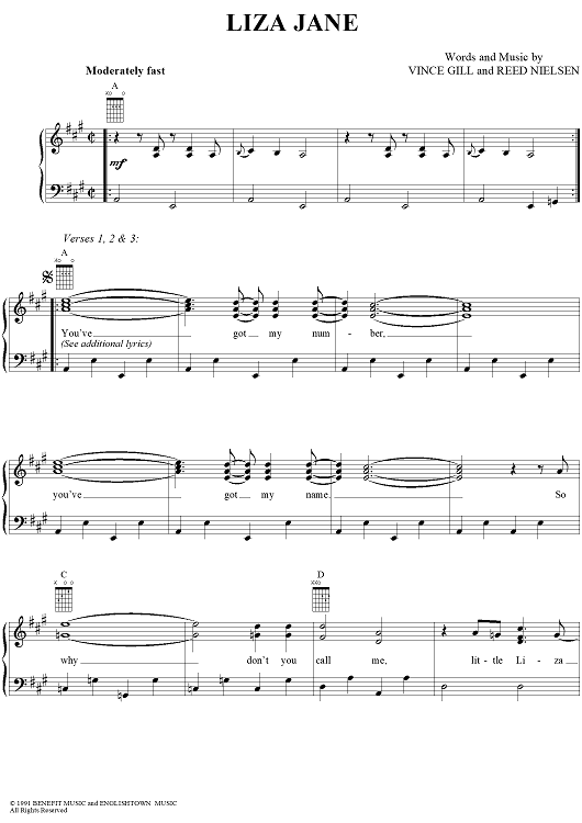 Liza Jane" Sheet Music by Vince Gill for Piano/Vocal/Chords - Sheet ...