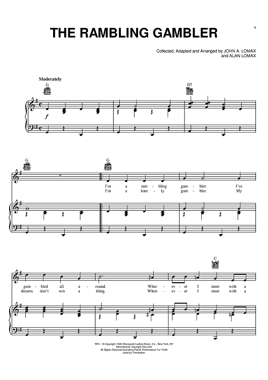 The Rambling Gambler" Sheet Music by Alan Lomax for Piano/Vocal/Chords ...