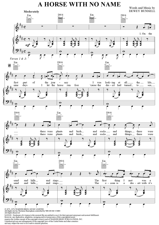 A Horse With No Name" Sheet Music by America for Piano/Vocal/Chords ...