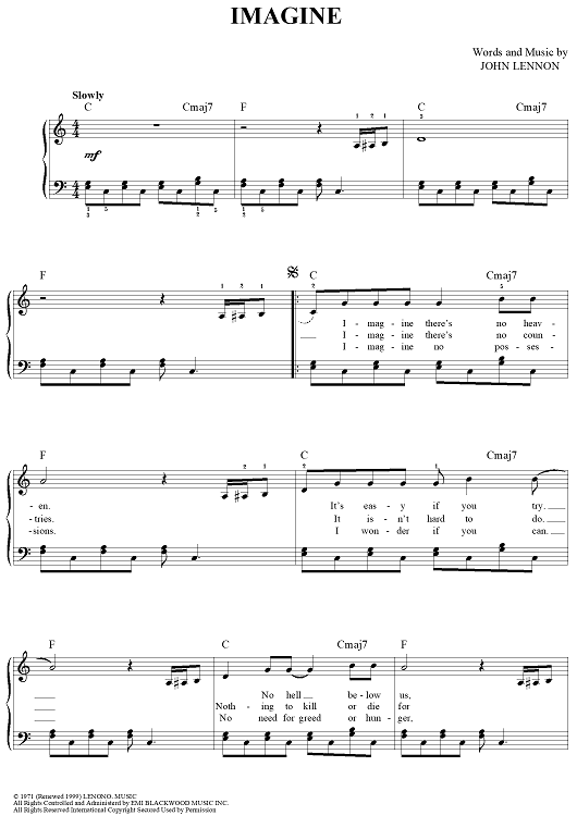 Imagine" Sheet Music by John Lennon for Easy Piano - Sheet Music Now