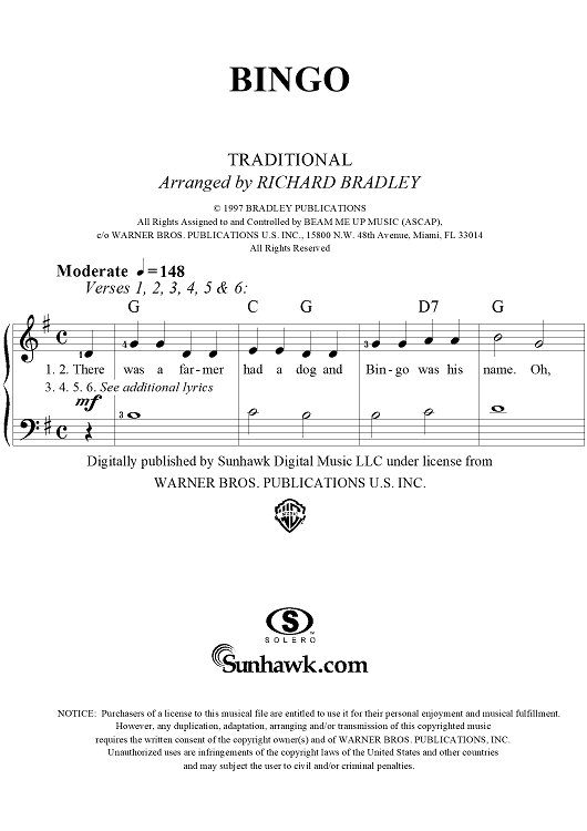 Bingo" Sheet Music for Easy Piano/Vocal - Sheet Music Now