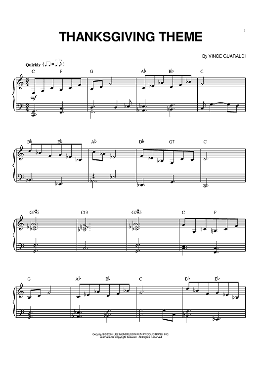 Thanksgiving Theme" Sheet Music by Vince Guaraldi for Piano - Sheet ...